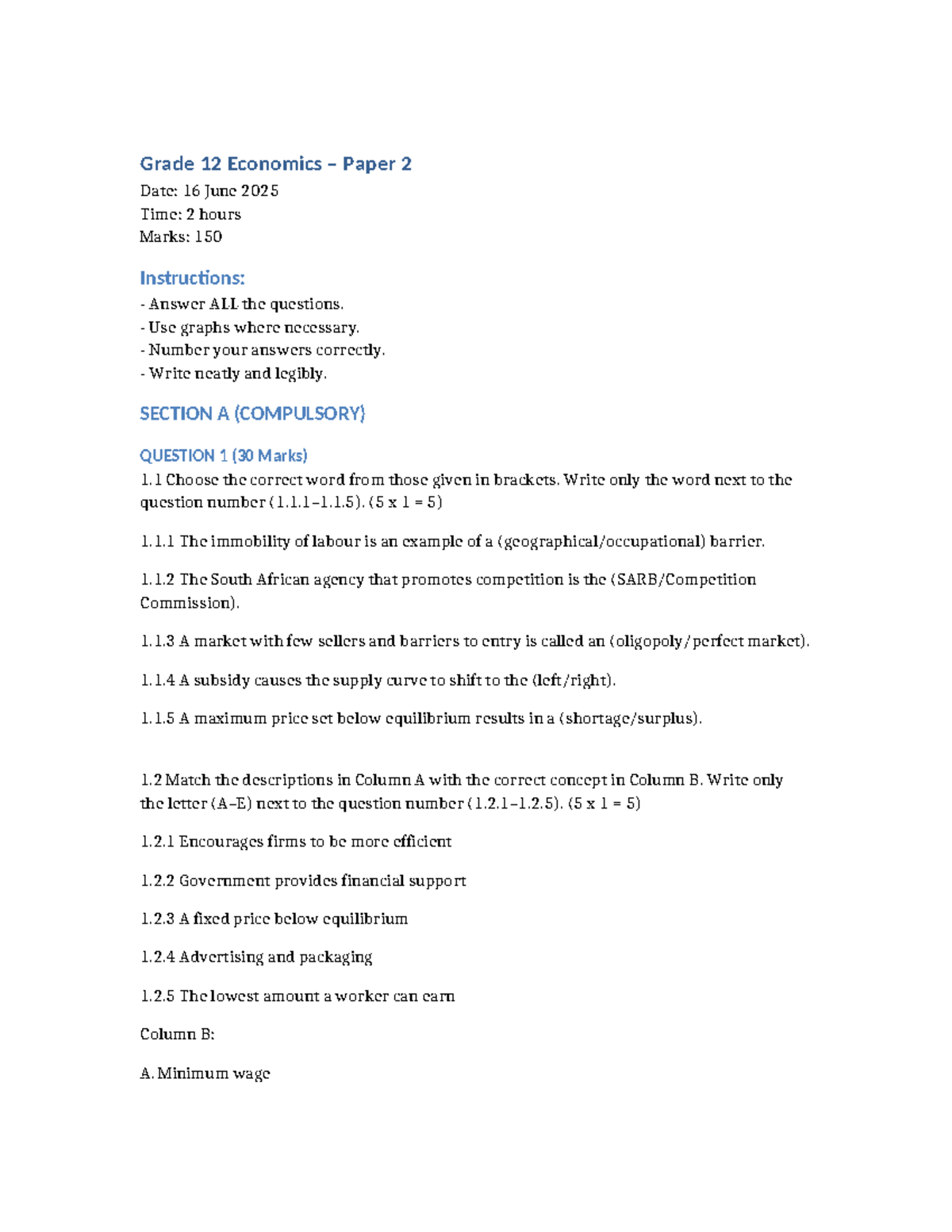 Revised Grade 12 Economics Paper 2 - June 2025 Exam Guide - Studocu
