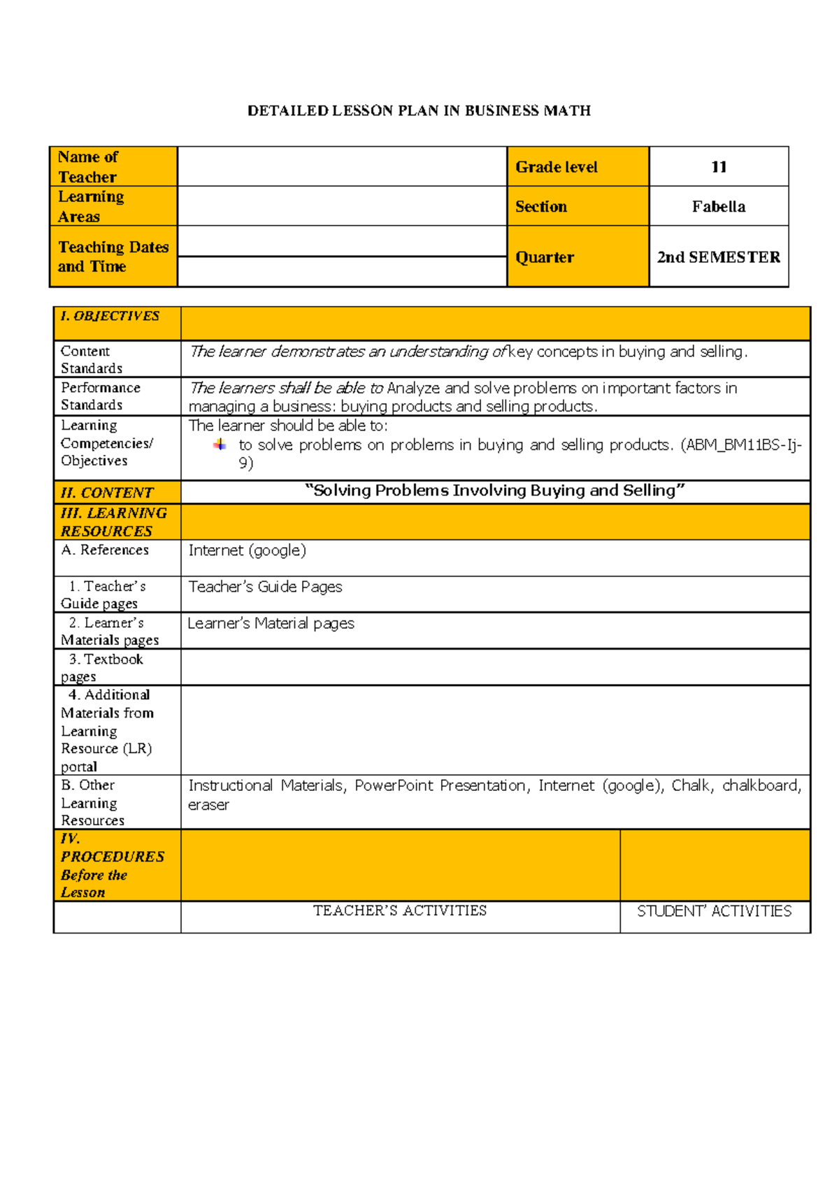 DETAILED LESSON PLAN IN BUSINESS MATH (Grade 11, 2nd SEM) - Studocu