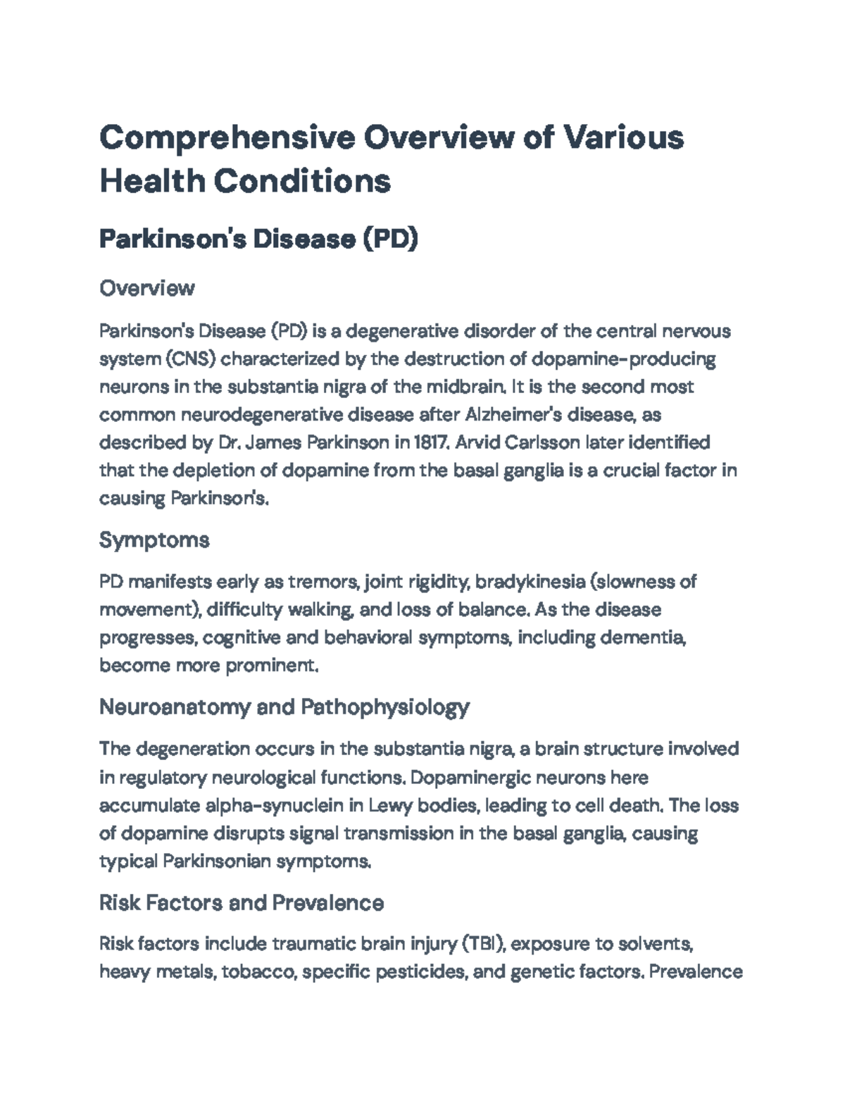 Comprehensive Overview of Health Conditions: PD, AD, Asthma & More ...
