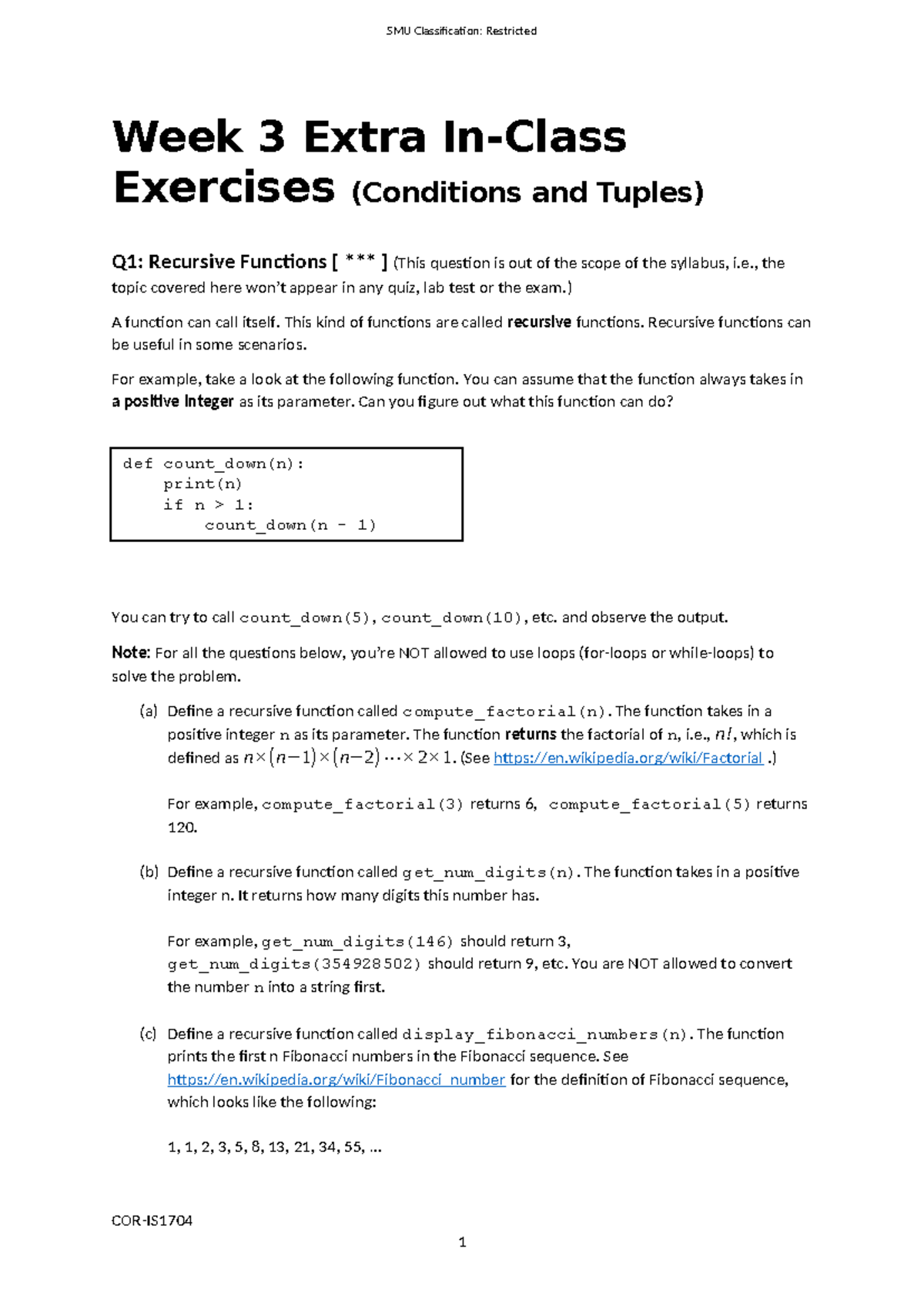 SMU Week 3 Extra Exercises: Recursive Functions and Tuples - Studocu