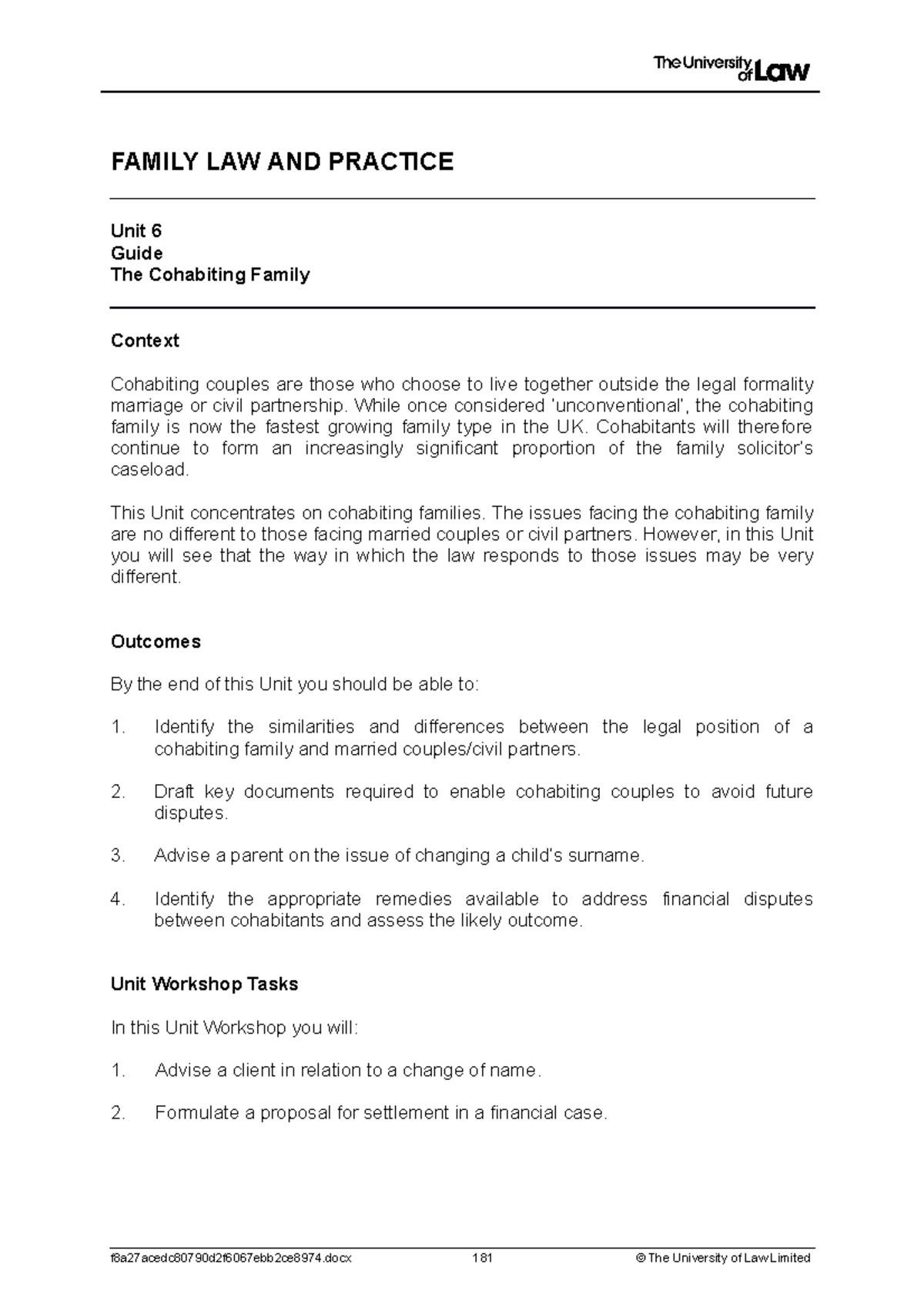 Unit 6 - Unit 6 for Family Law workshop answers/notes. - FAMILY LAW AND ...
