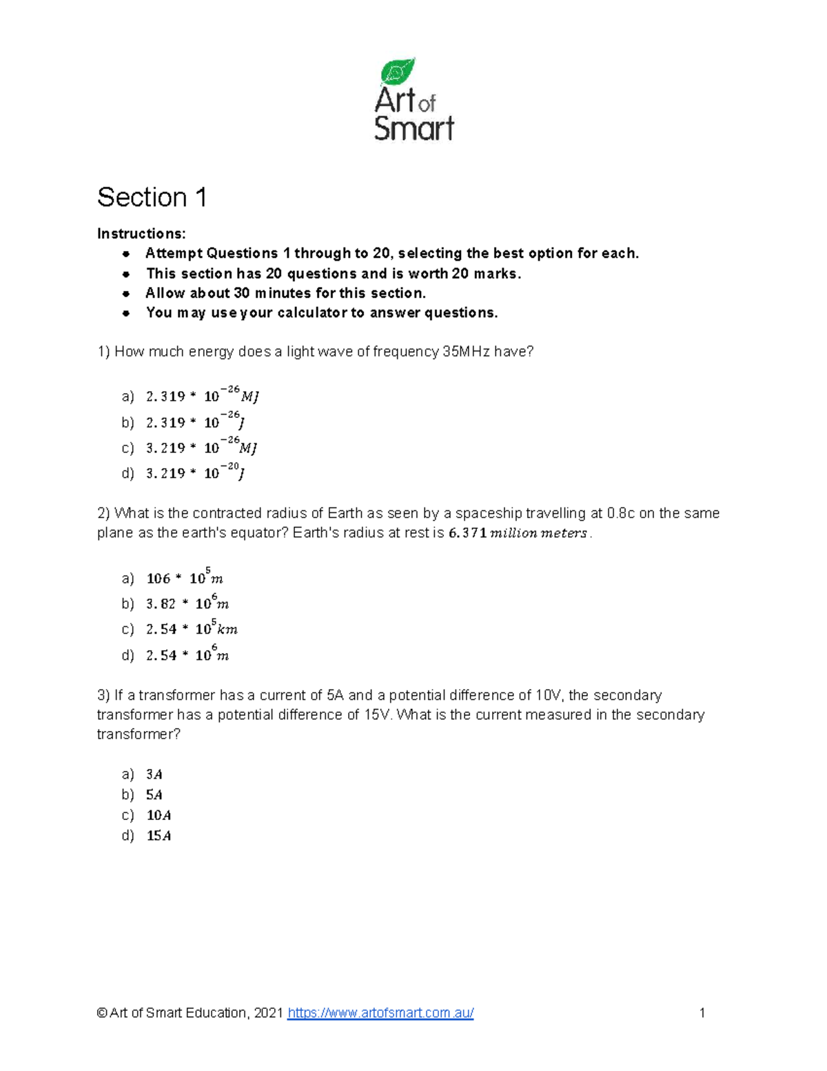 Physics EA Questions: Section 1 - Multiple Choice (20 Questions) - Studocu