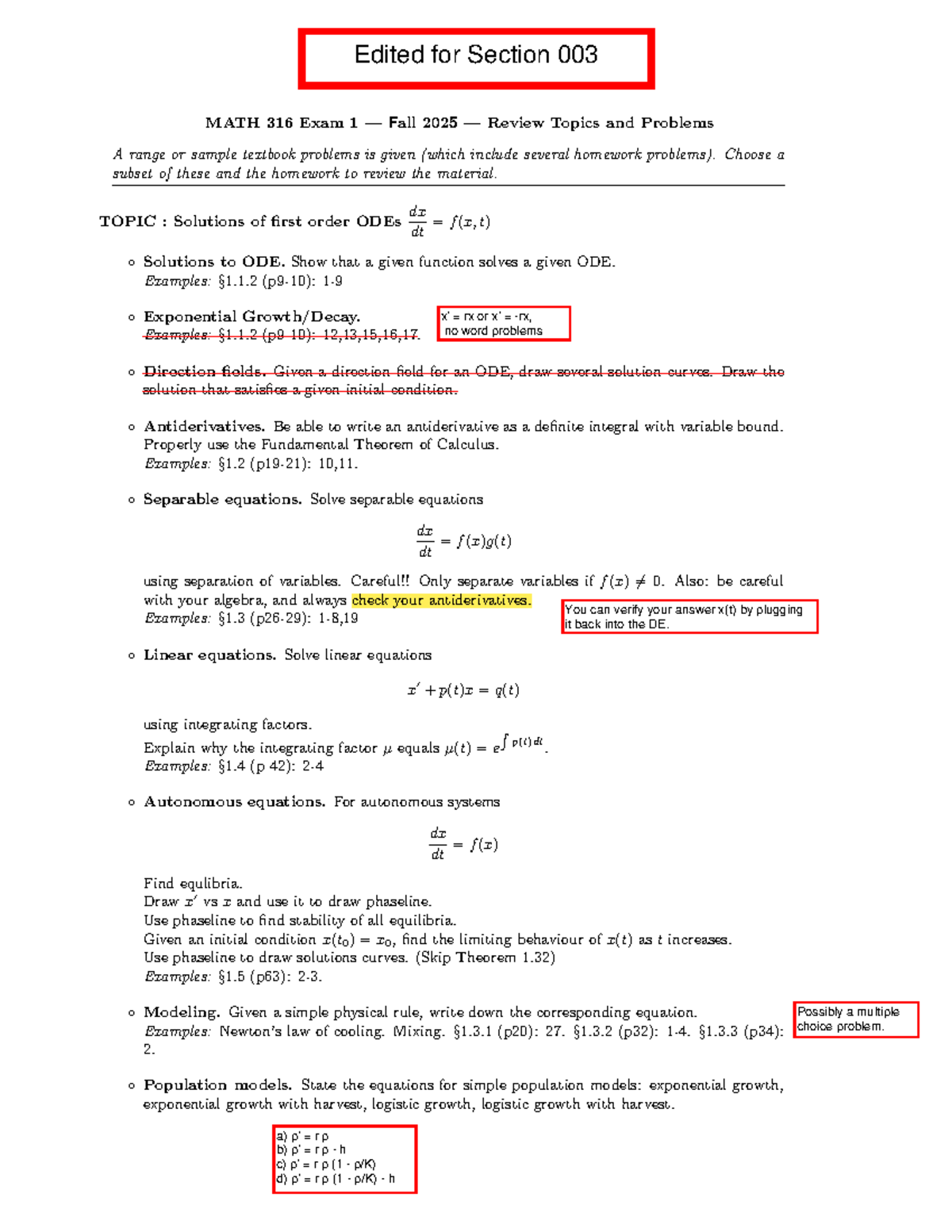 MATH 316 Exam 1 Review: ODE Solutions & Key Topics - Fall 2025 - Studocu