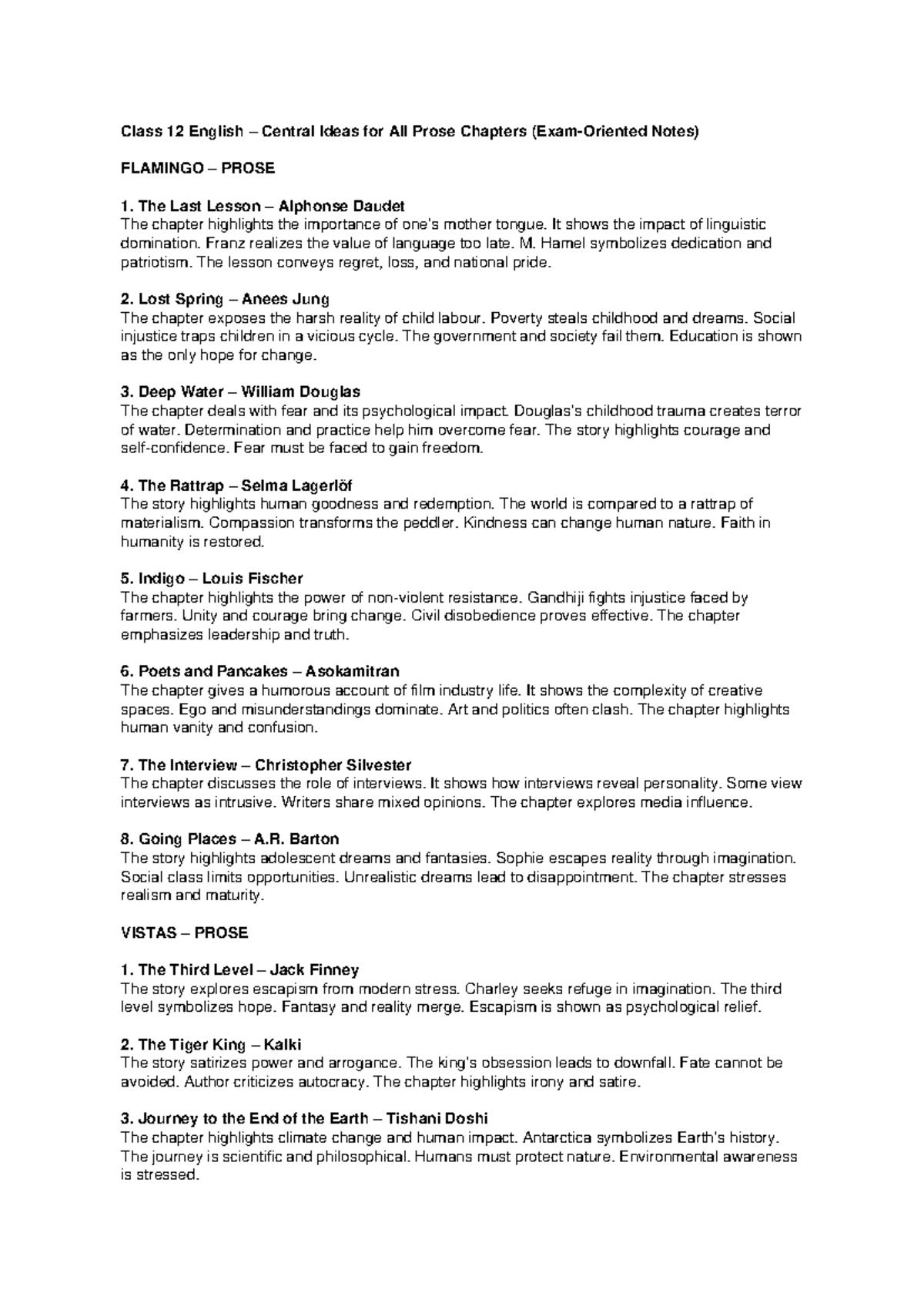 Class 12 English Prose & Vistas Central Ideas Summary Notes - Studocu