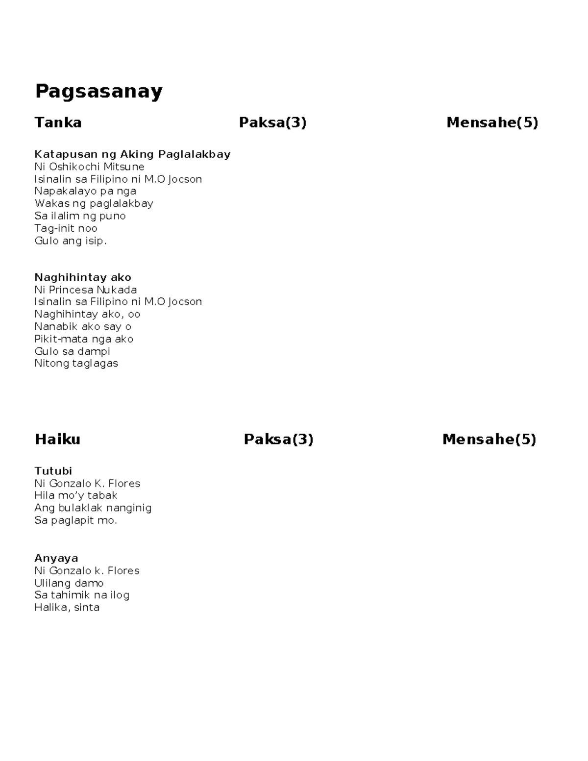 Tanka at Haiku Pagsasanay - Pagsasanay Tanka Paksa(3) Mensahe(5 ...