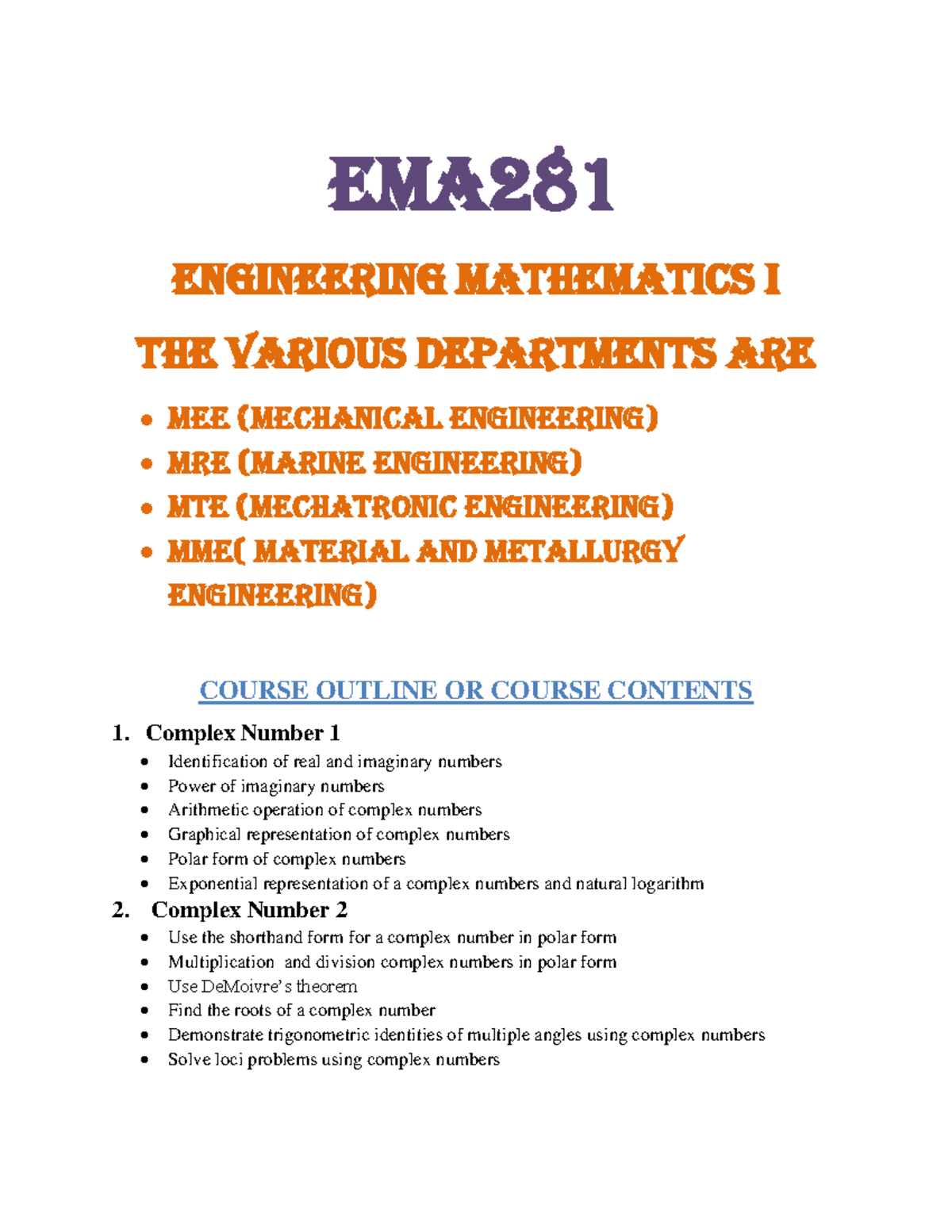 EMA281 Engineering Mathematics I: Complex Numbers & Series Concepts ...