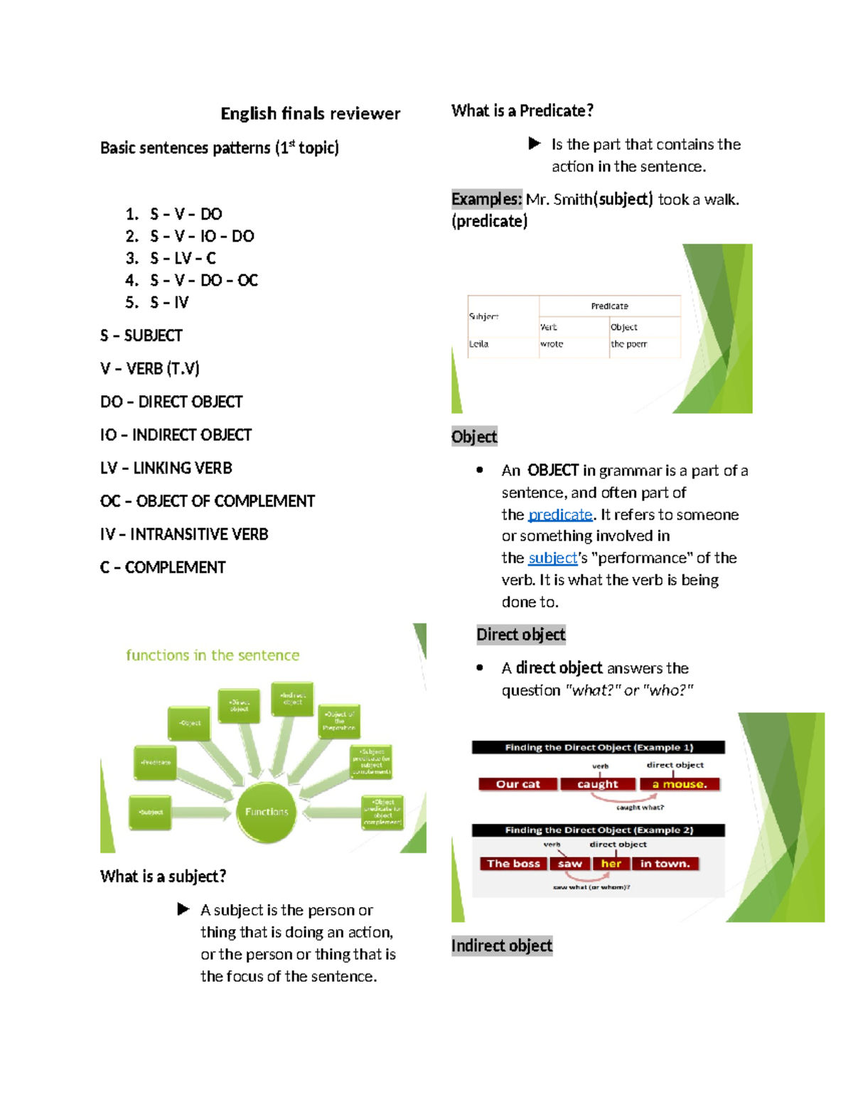 English 101: Finals Reviewer on Predicates and Sentence Structure - Studocu