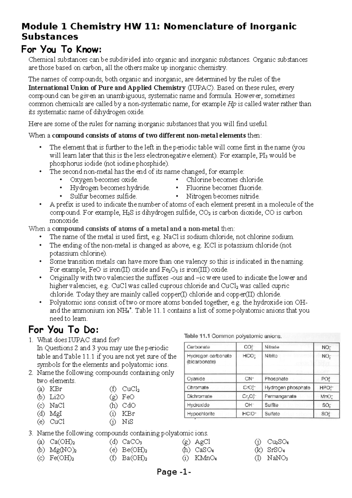 M1 Chemistry HW 11: Inorganic Substance Nomenclature Guide - Studocu