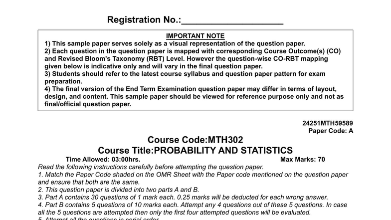 MTH302 Final Exam Sample Paper: Probability and Statistics - Studocu