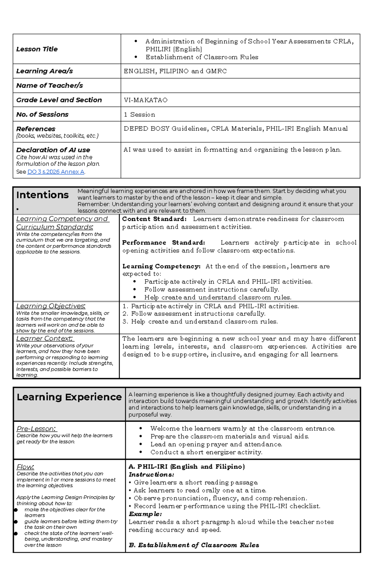 Lesson Plan for Beginning of School Year Assessments CRLA, PHILIRI ...