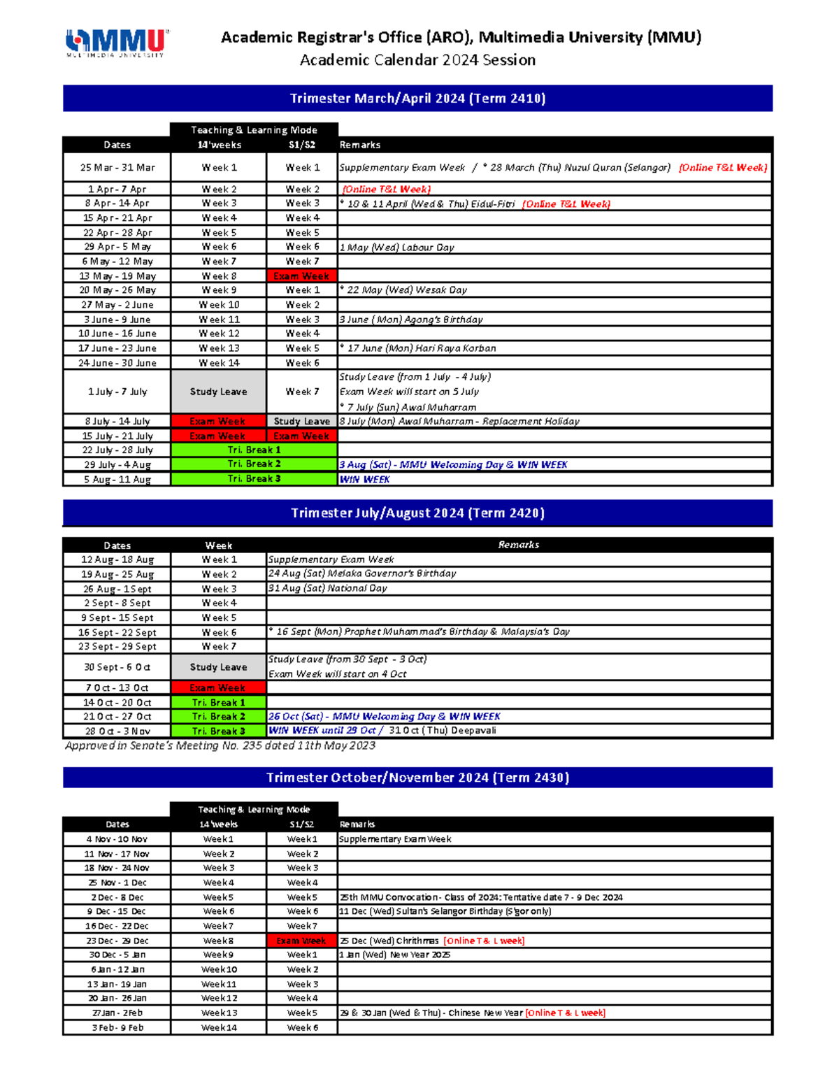 MMU Academic Calendar 2024: Important Dates and Remarks - Studocu