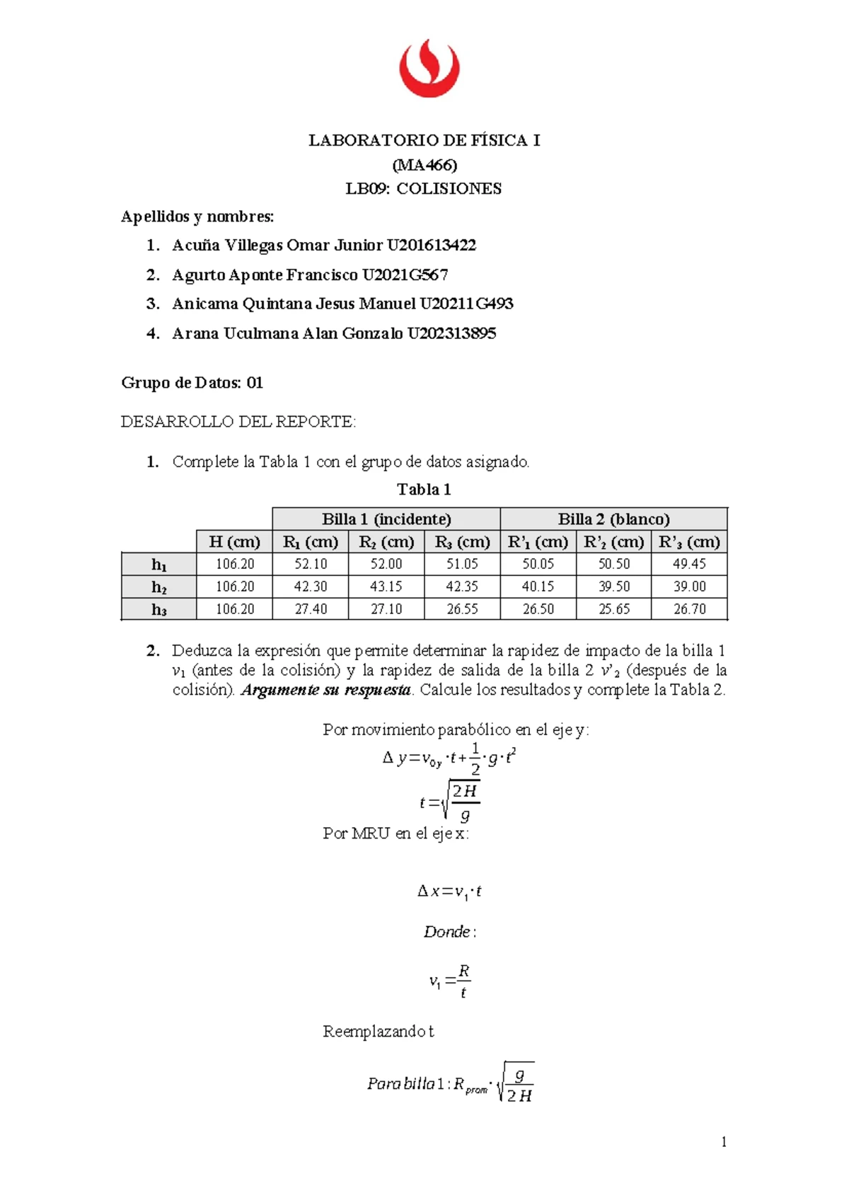 Reporte del laboratorio N° 06 de Física - LABORATORIO DE FÍSICA I (MA466) LB06: FUERZA DE ...