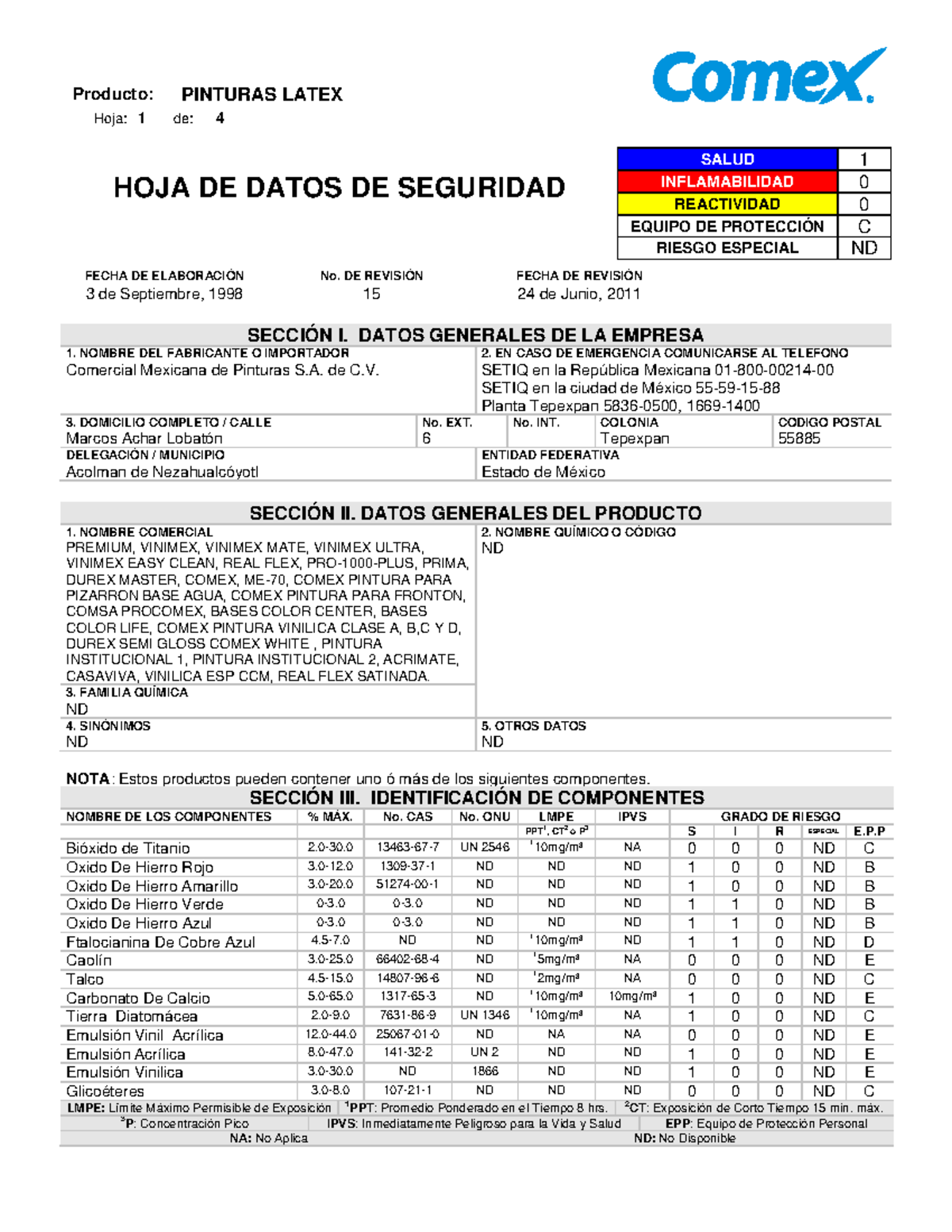 Hoja de Datos de Seguridad: Pinturas Látex Comex (MSDS) - Studocu