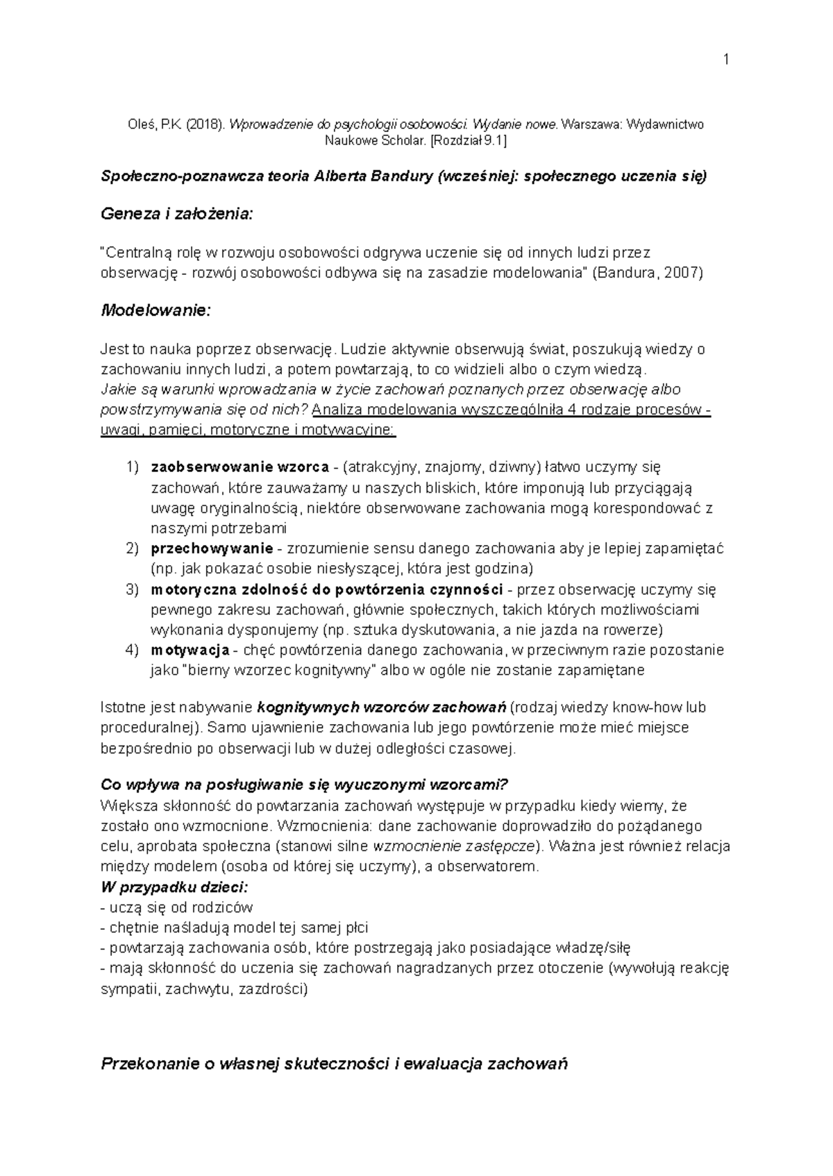 Społeczno-poznawcza teoria Alberta Bandury - Oleś, rozdział 9 - Oleś, P ...