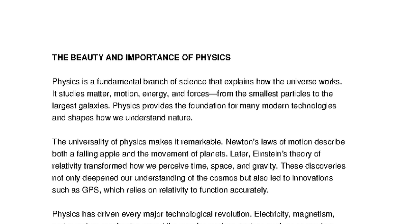 PHYS 101: The Beauty and Importance of Physics Essay - Studocu