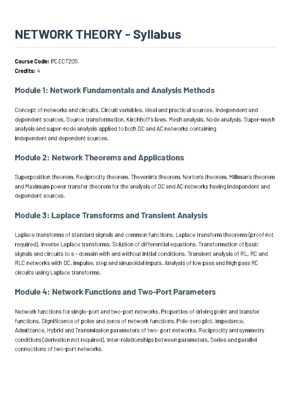 PCECT205 Network Theory Syllabus: Key Concepts & Modules - Studocu