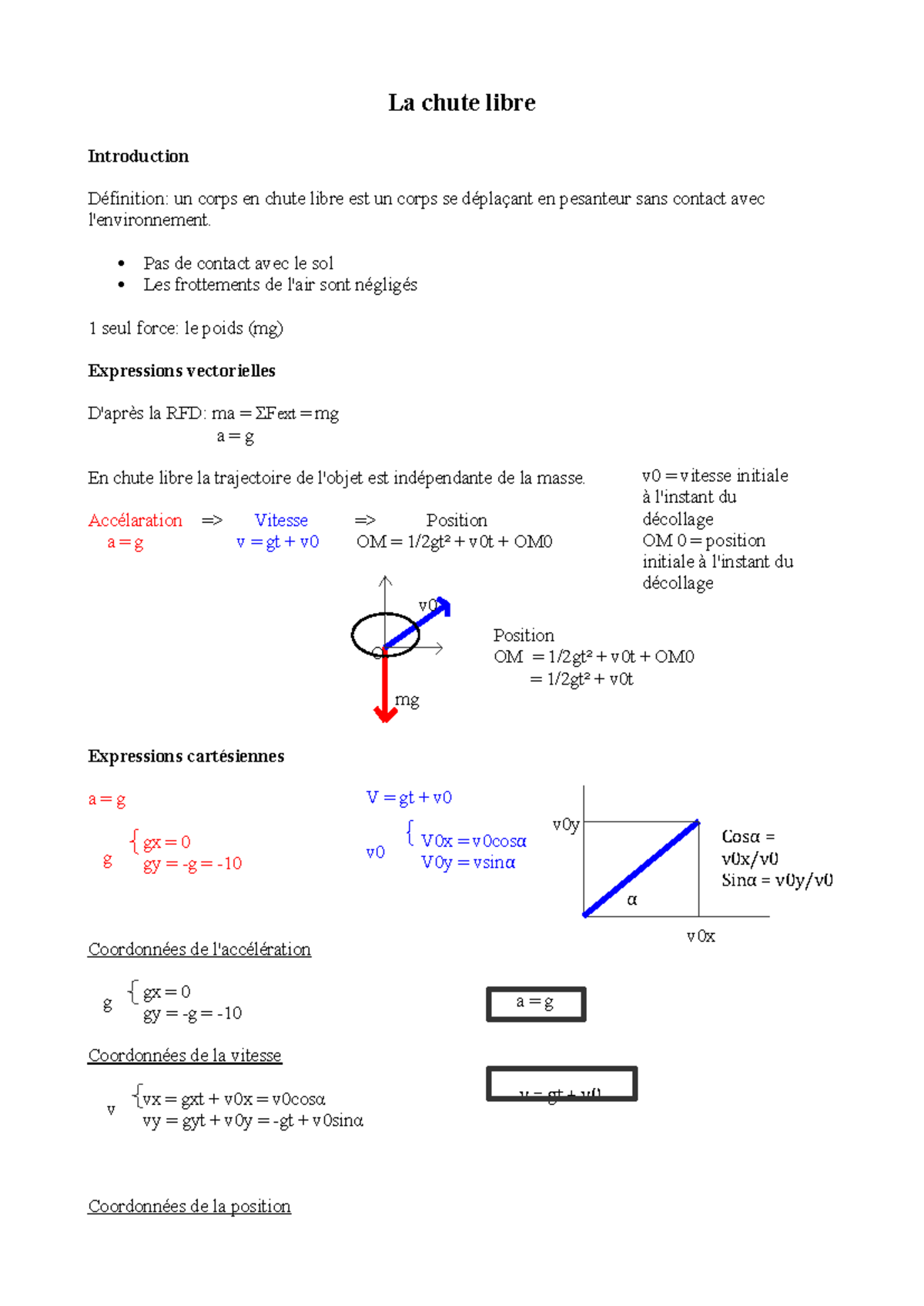 Chute Libre - Notes de Cours pour Comprendre la Trajectoire - Studocu