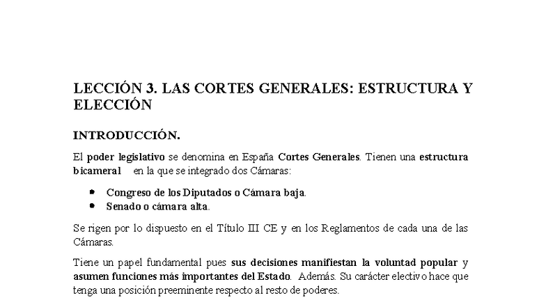 Tema 3 - Cortes Generales: Estructura y Elección en España - Studocu