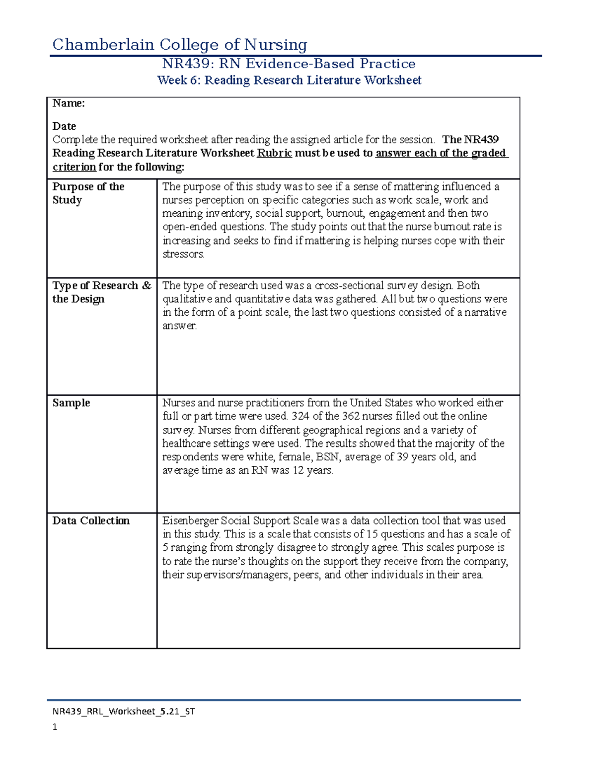 NR439 W6 - Reading Research Literature Worksheet Analysis - Studocu