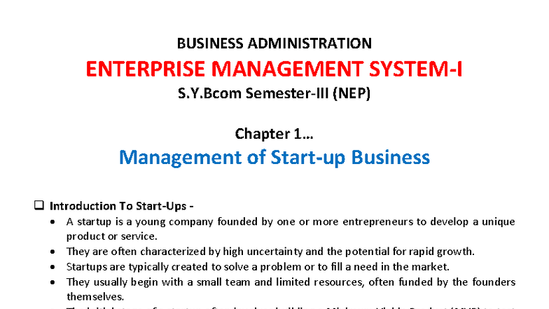 BUSINESS ADMINISTRATION S.Y.Bcom (NEP) Chapter: Startup Management ...