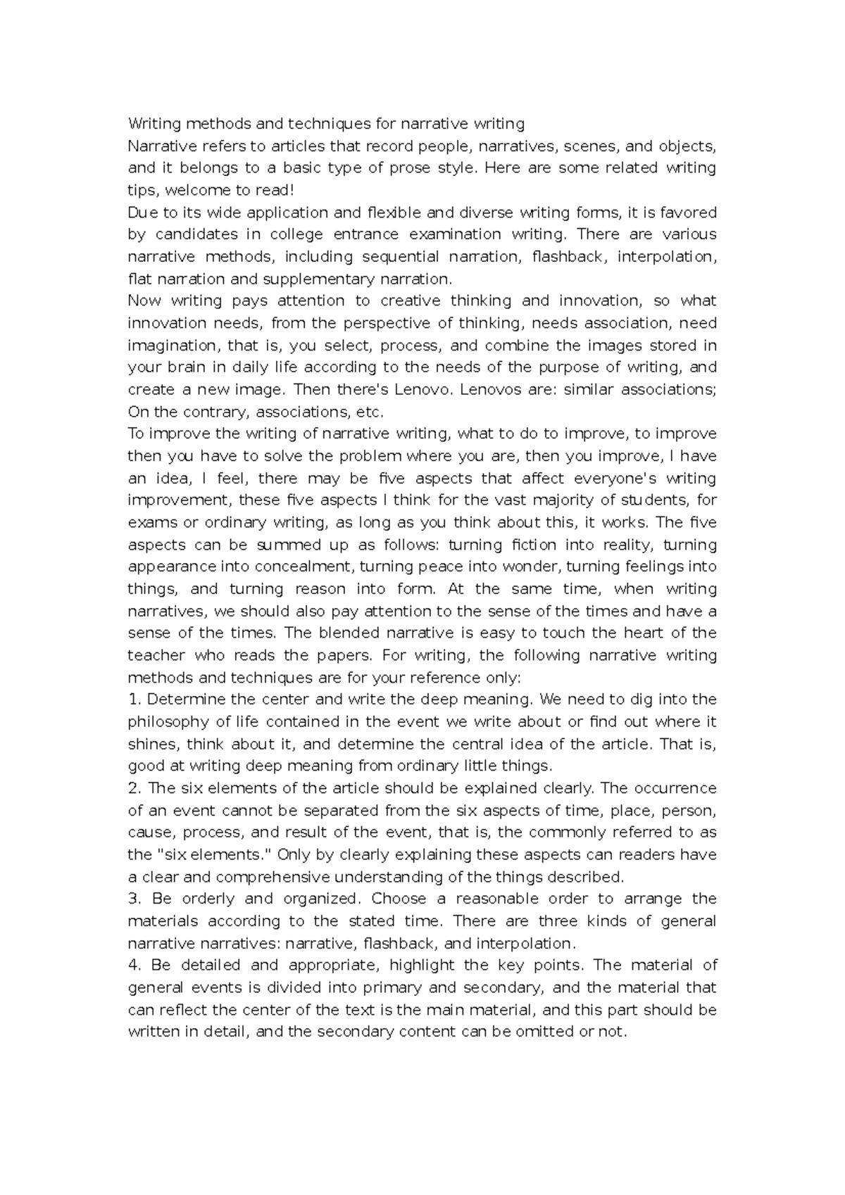 Narrative Writing Methods & Techniques: A Comprehensive Guide - Studocu
