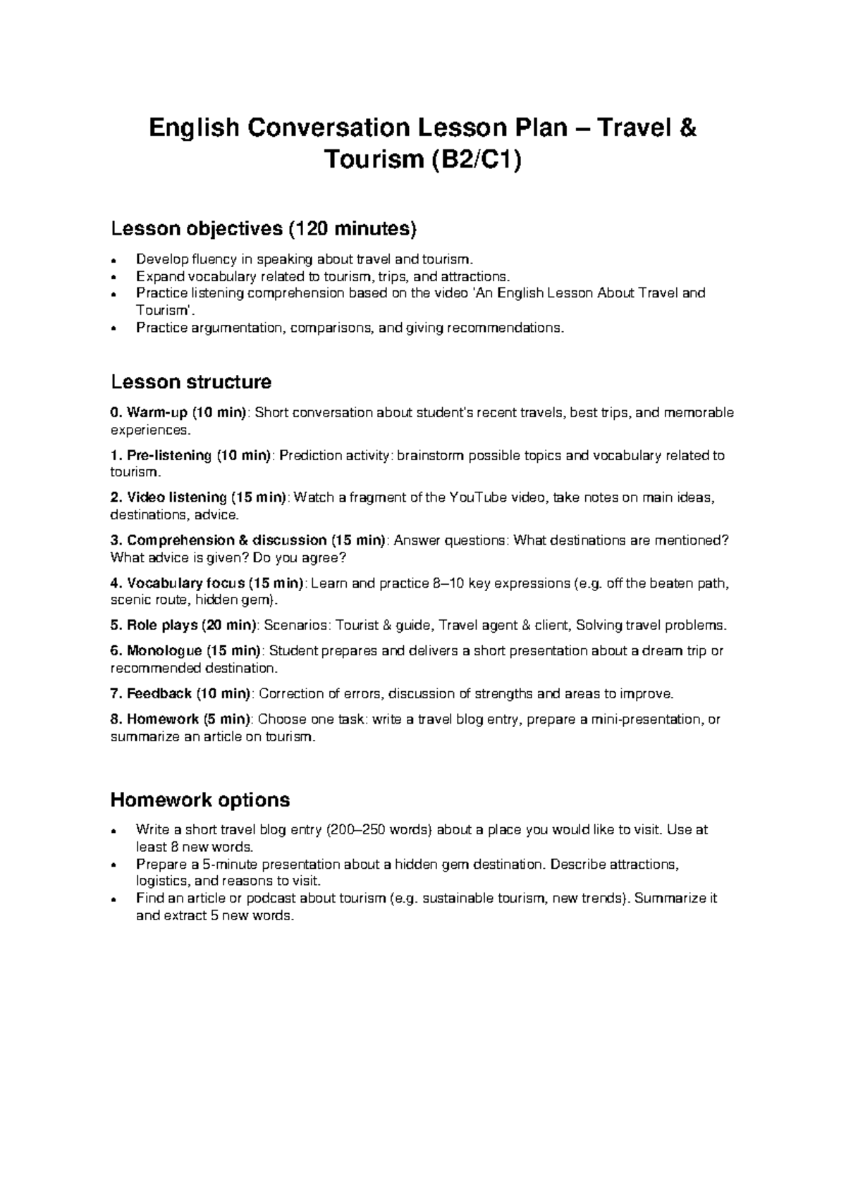 English Conversation Lesson Plan: Travel & Tourism (120 min) - Studocu