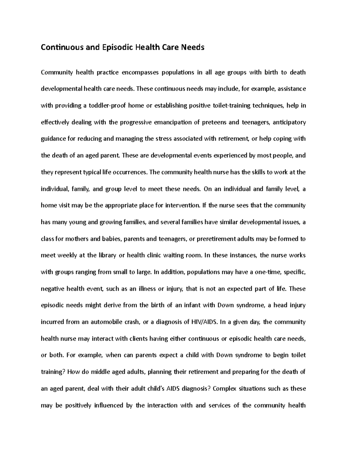 Continuous and Episodic Health Care Needs - Continuous and Episodic ...