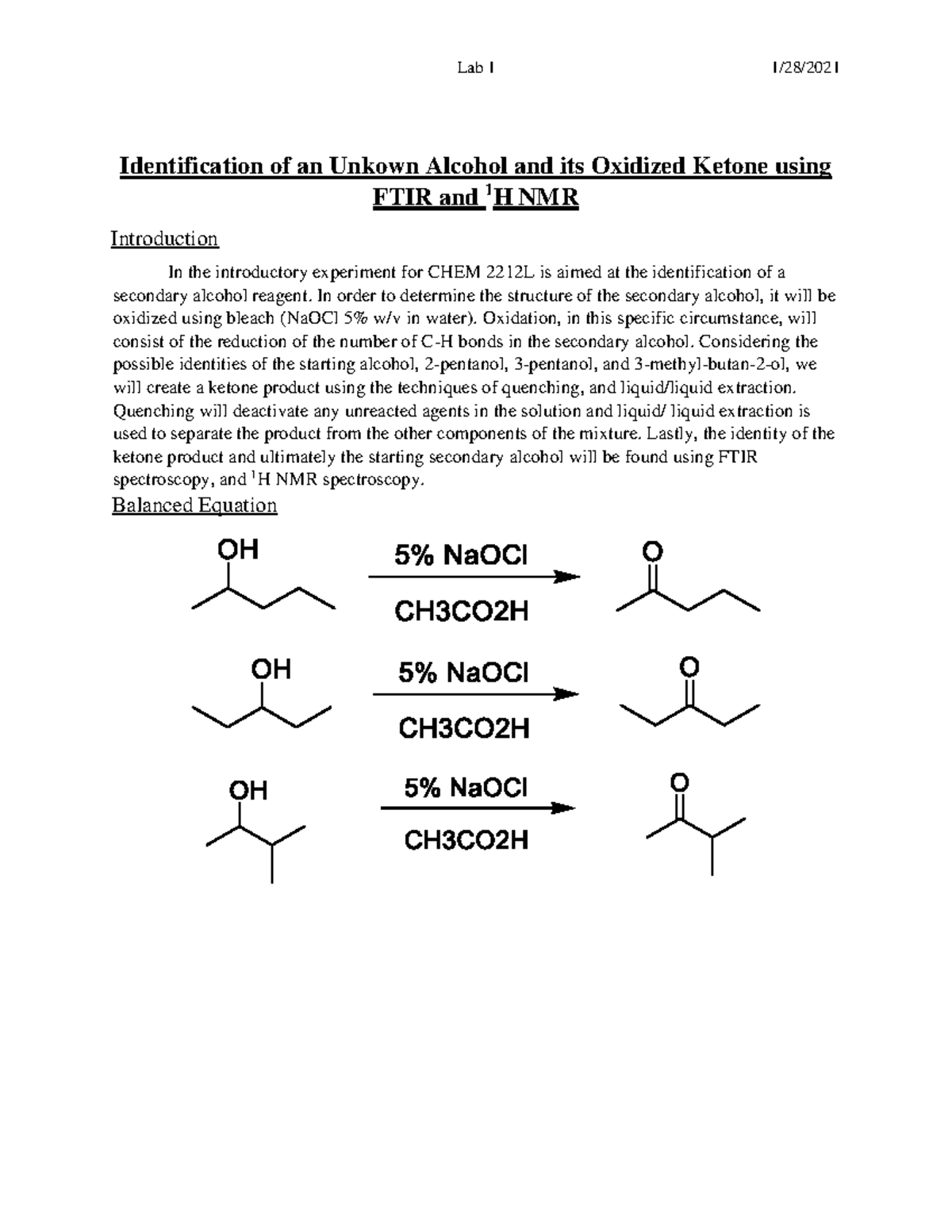 LAB 1 Oxidation of an Unknown Alcohol - Identification of an Unkown ...