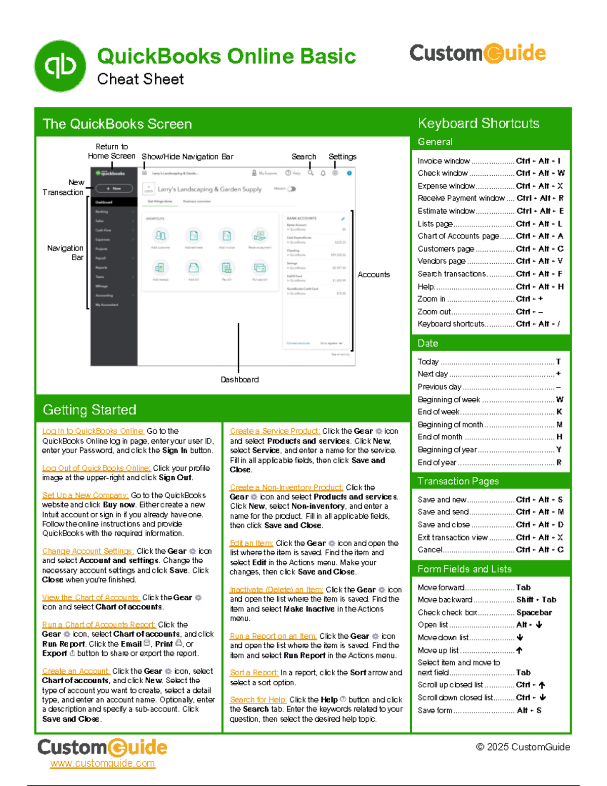 QuickBooks Online Basic Cheat Sheet: Keyboard Shortcuts & Navigation ...