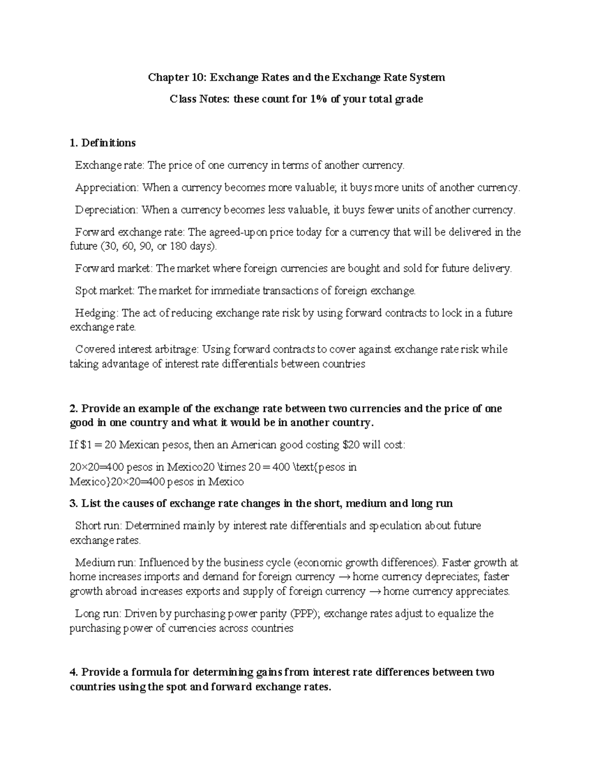 Chapter 10: Exchange Rates & System Class Notes for Grading - Studocu