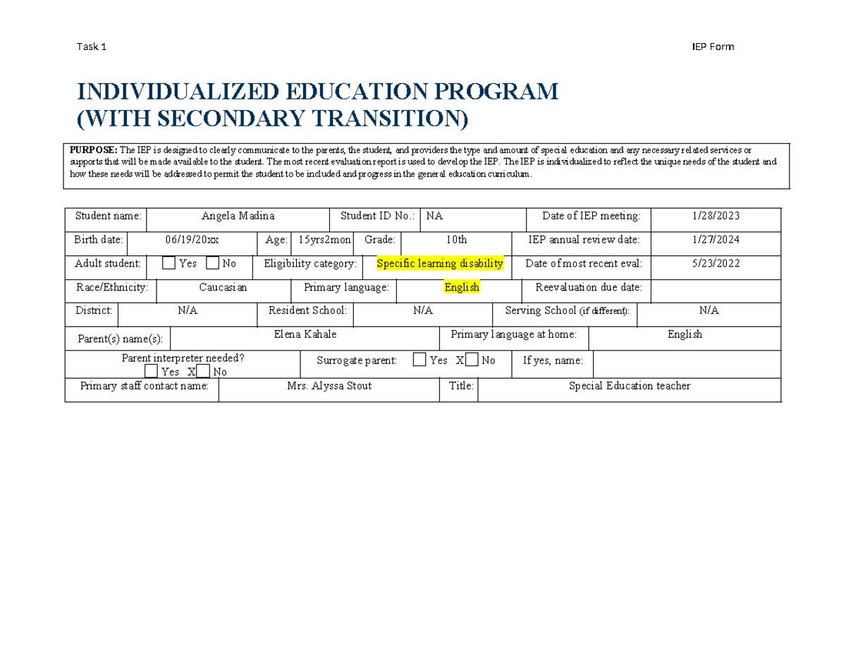 D004 IEP Form with Secondary Transition for Angela Madina - Studocu