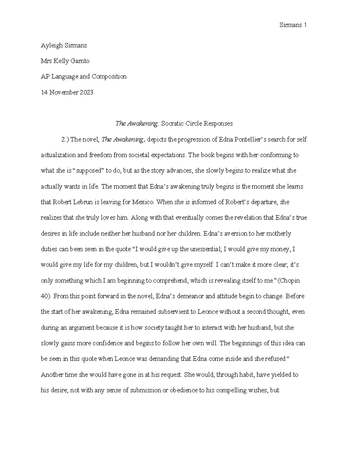 The Awakening-Socratic Circle Responses - Sirmans 1 Ayleigh Sirmans Mrs ...