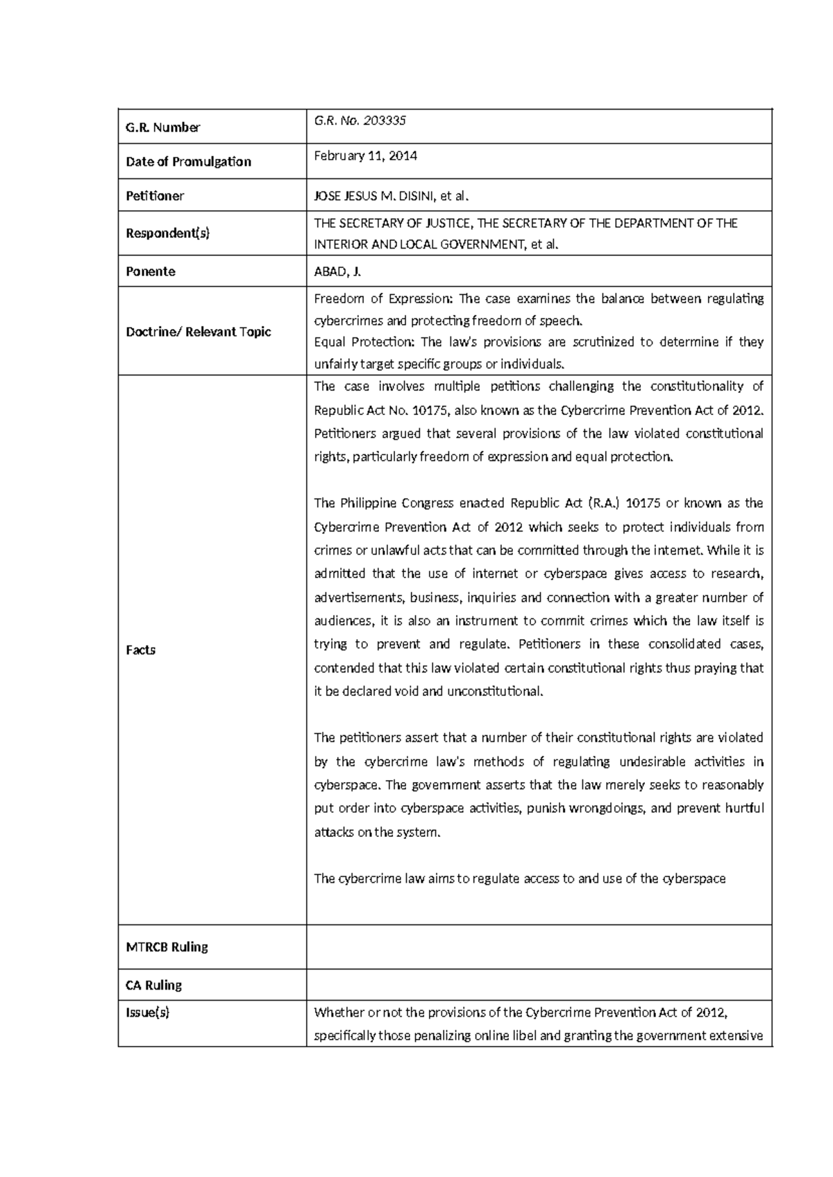 Disini v Secretary of Justice updated - G. Number G. No. 203335 Date of ...