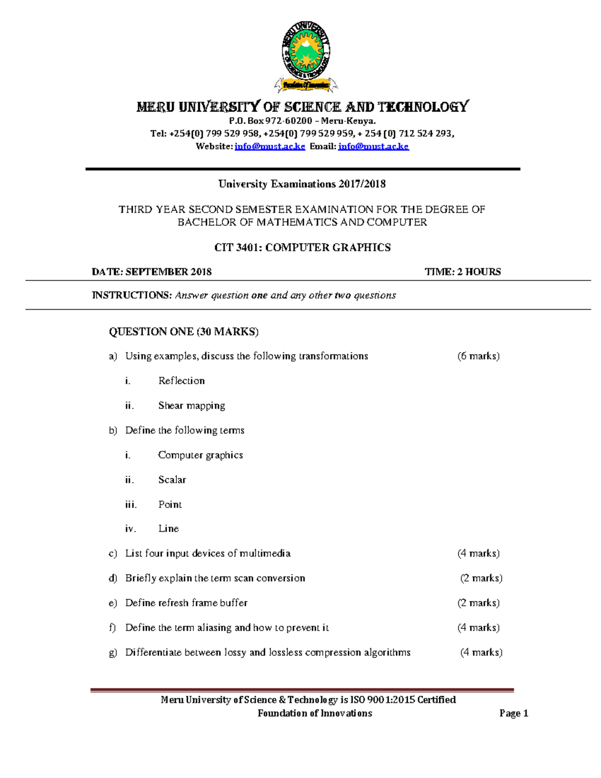 CIT 3401: Computer graphics exam questions and instructions - Studocu