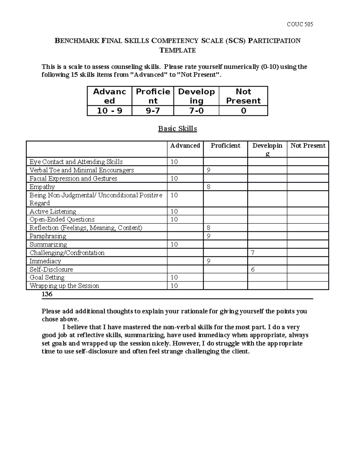 COUC 505 Benchmark Final Skills Competency Self-Assessment Guide - Studocu