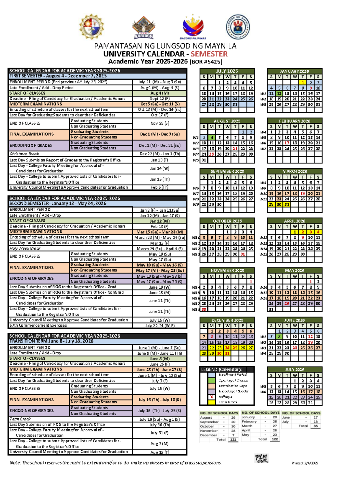 PAMANTASAN NG LUNGSOD NG MAYNILA SEMESTRAL CALENDAR 2025-2026 - Studocu