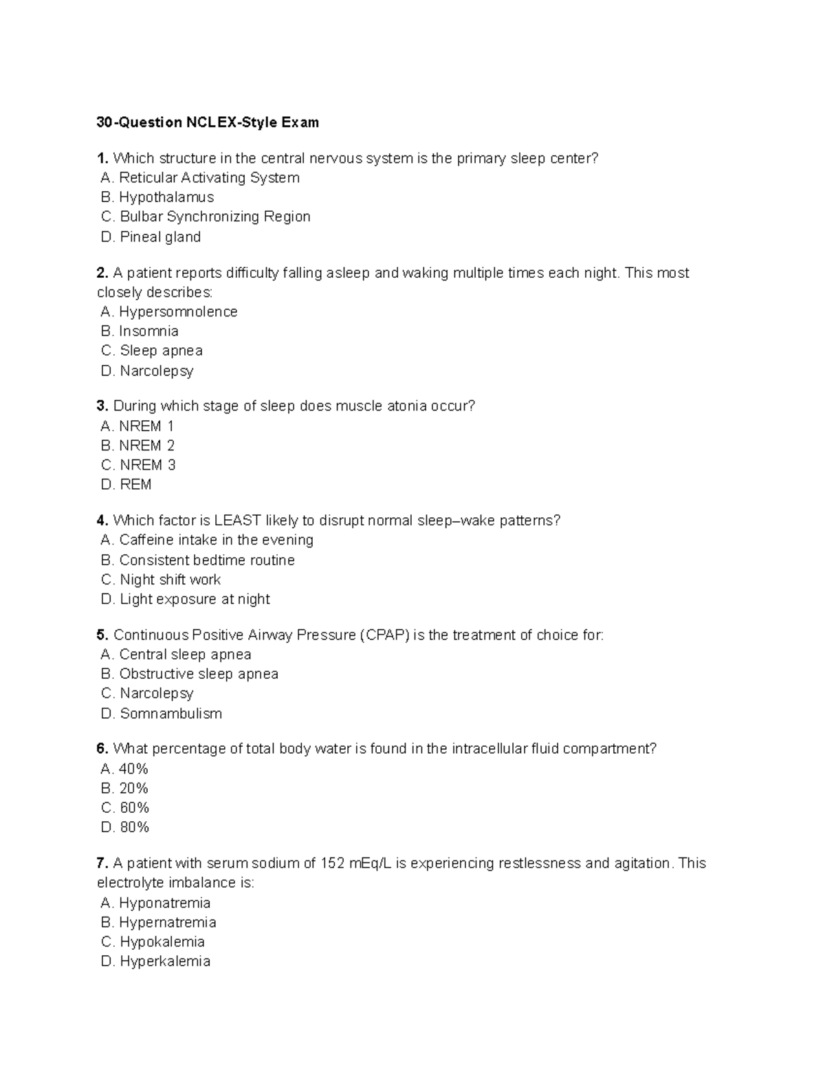 Exam 5 Practice Questions - Central Nervous System & Nursing Care - Studocu