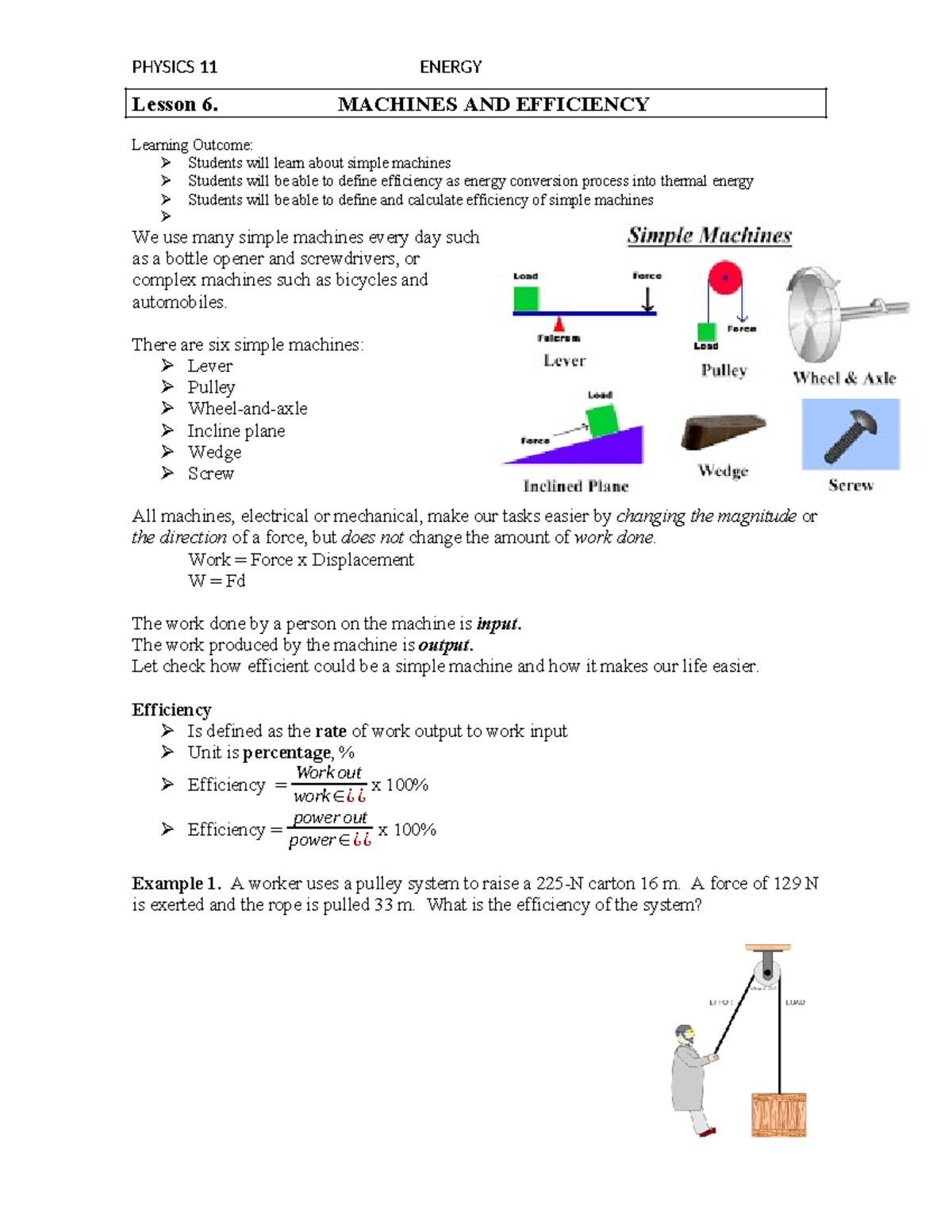 Ph11Lesson 6Machine Efficiency - PHYSICS 11 ENERGY Lesson 6. MACHINES AND EFFICIENCY Learning ...