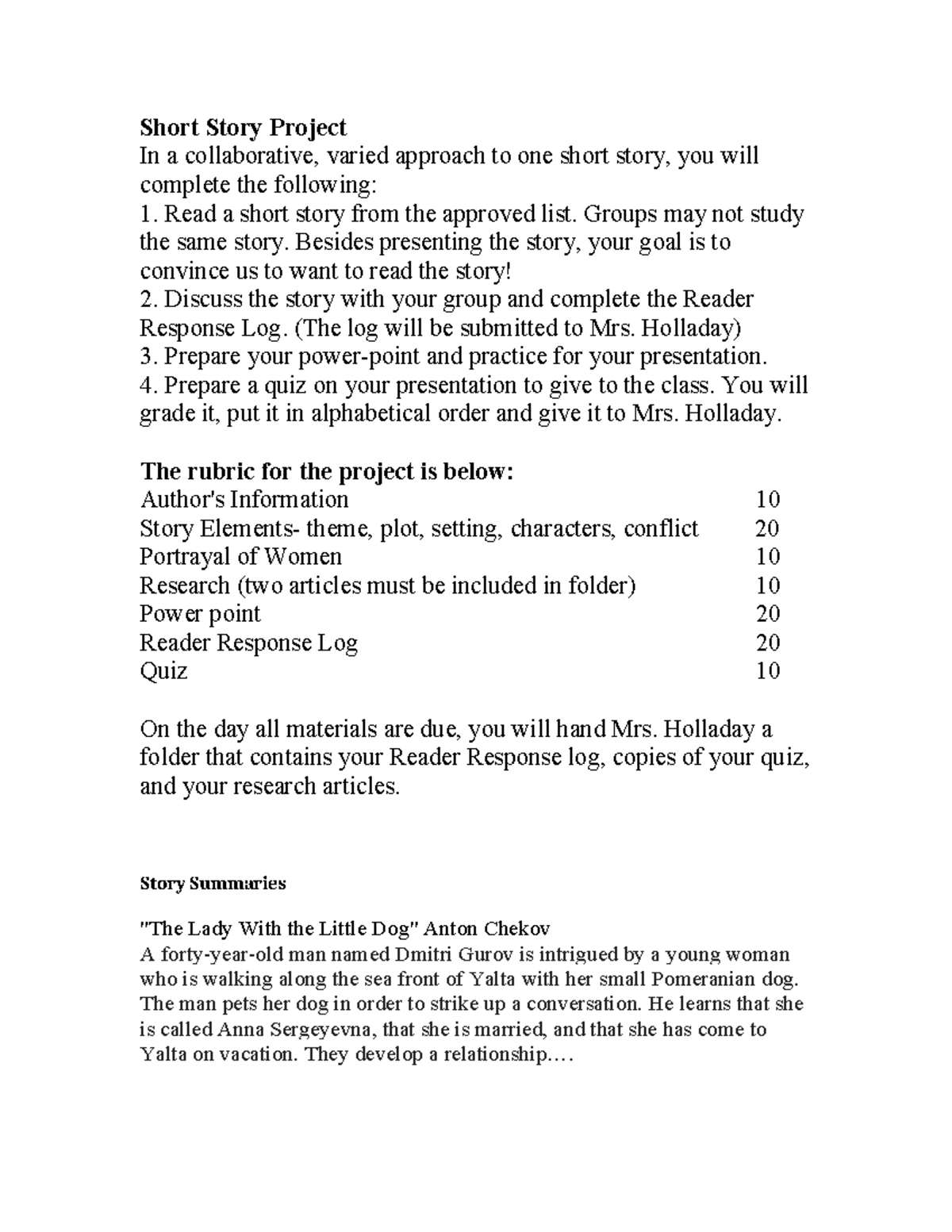 Stories of Women Project - story summaries - Short Story Project In a ...