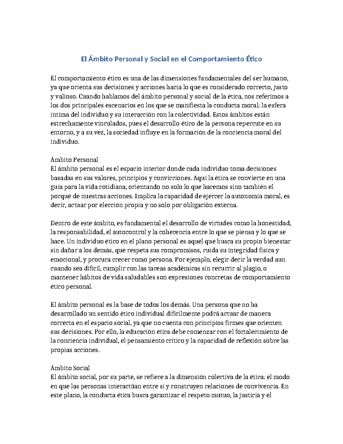 Ámbito Personal y Social en el Comportamiento Ético: Reflexiones y ...