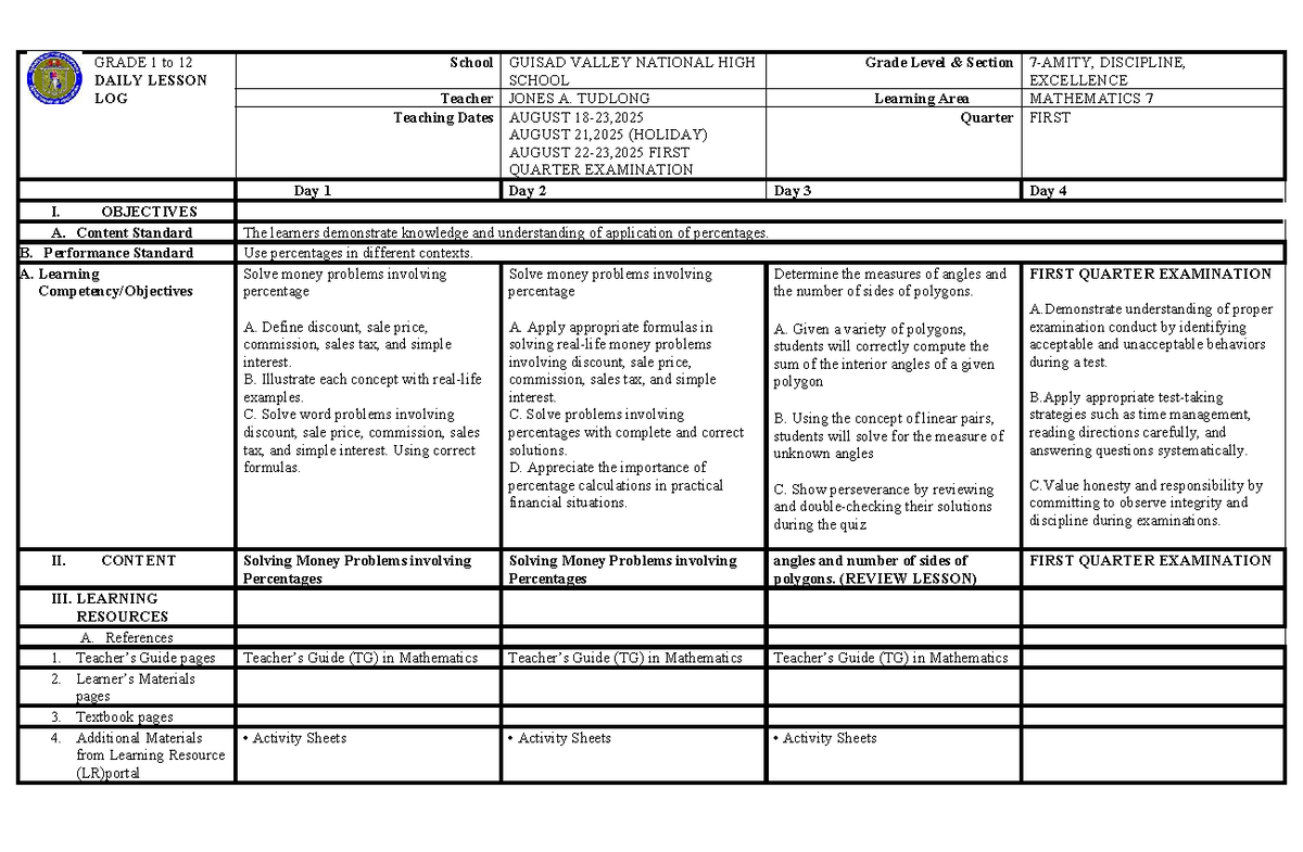 MATH 7 & 8 DAILY LESSON LOG: August 11-15, 2025 - Studocu
