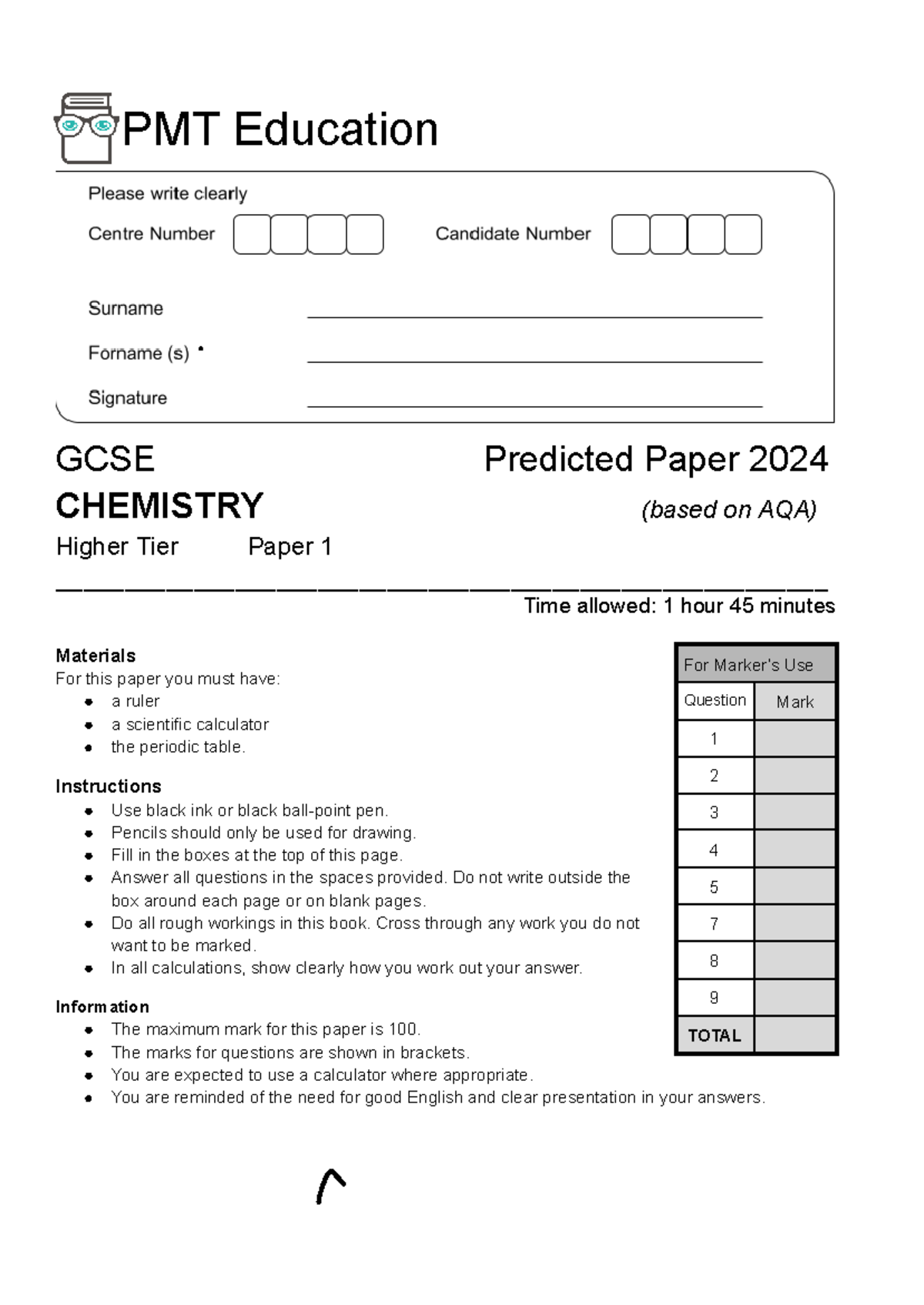 GCSE Chemistry PMT Predicted Paper 2024 (AQA) - Higher Tier Exam - Studocu