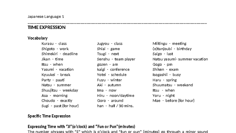Japanese Language 1: Time Expressions and Vocabulary Guide - Studocu