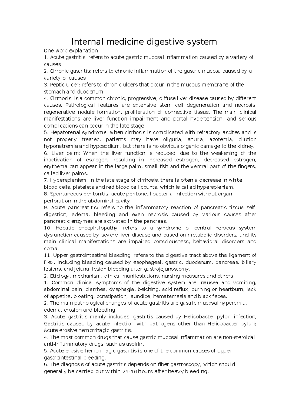 Internal Medicine Digestive System: Key Concepts and Nursing Care - Studocu