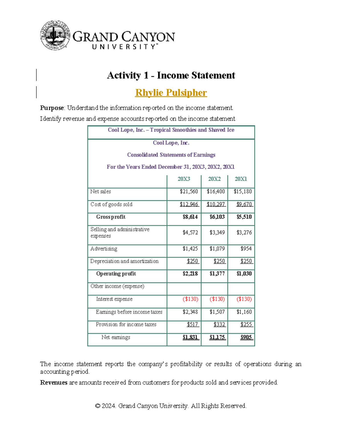 ACC-486-RS-Income Statement Activity 1-Student - Activity 1 - Income ...