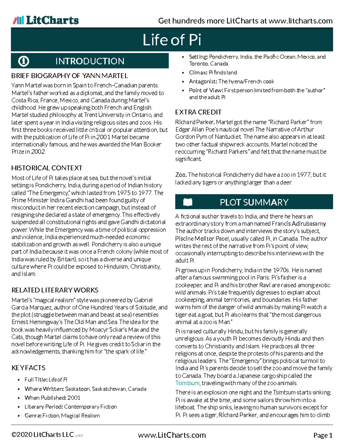 Life of Pi (INTR) - Comprehensive Lit Chart Analysis and Summary - Studocu