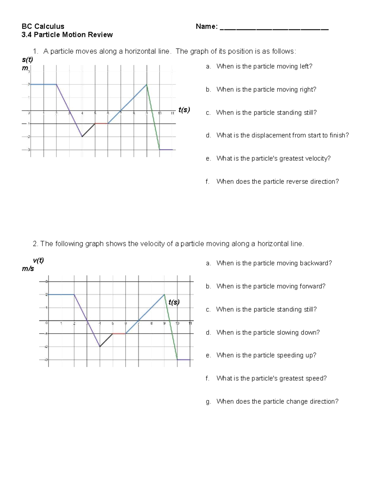 BC Calculus 3.4 Particle Motion Review Worksheet - Studocu