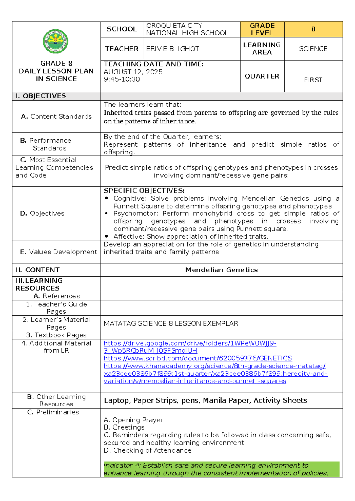 GRADE 8 SCIENCE DAILY LESSON PLAN: MENDELIAN GENETICS EXPLORATION - Studocu