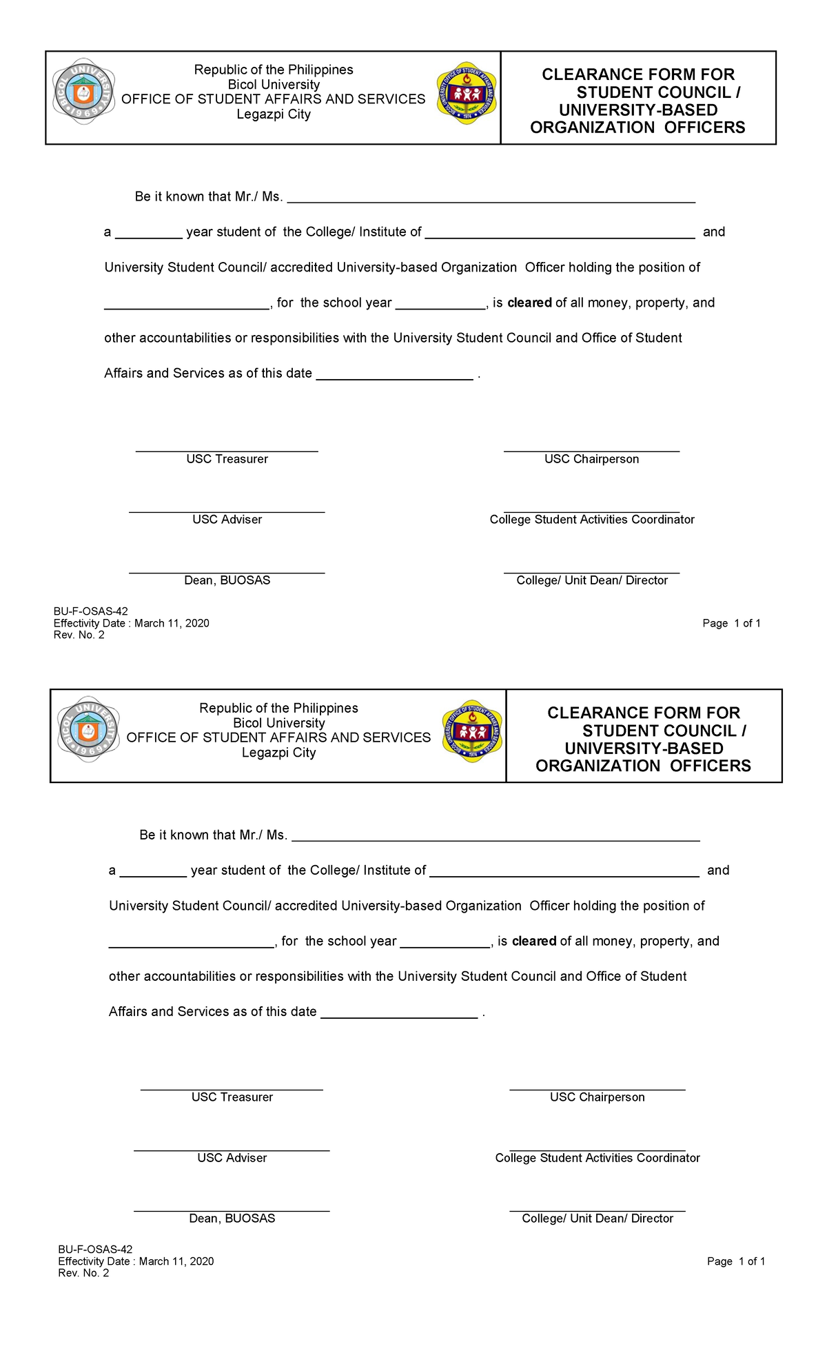 BU-F-OSAS-42: Clearance Form for Student Council Officers - Studocu