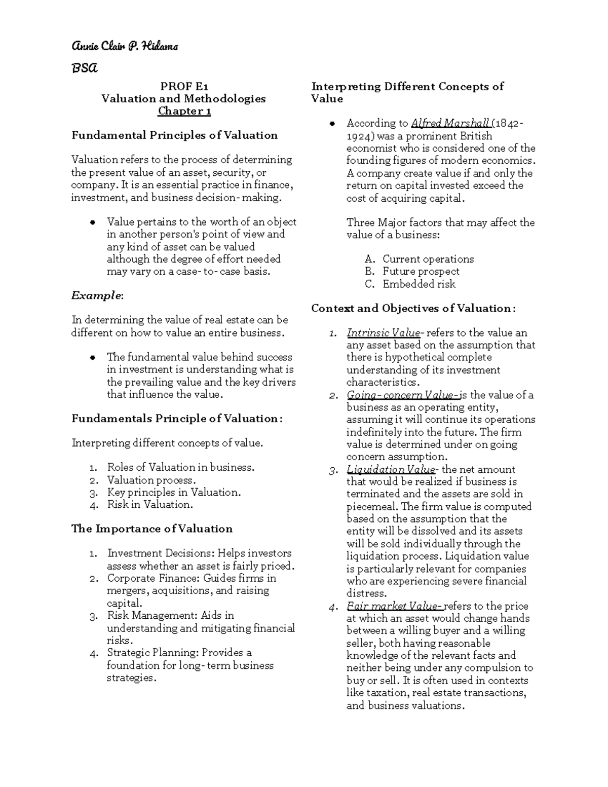 Prof E1 Ch1 - Summary of Fundamental Principles of Valuation - Studocu